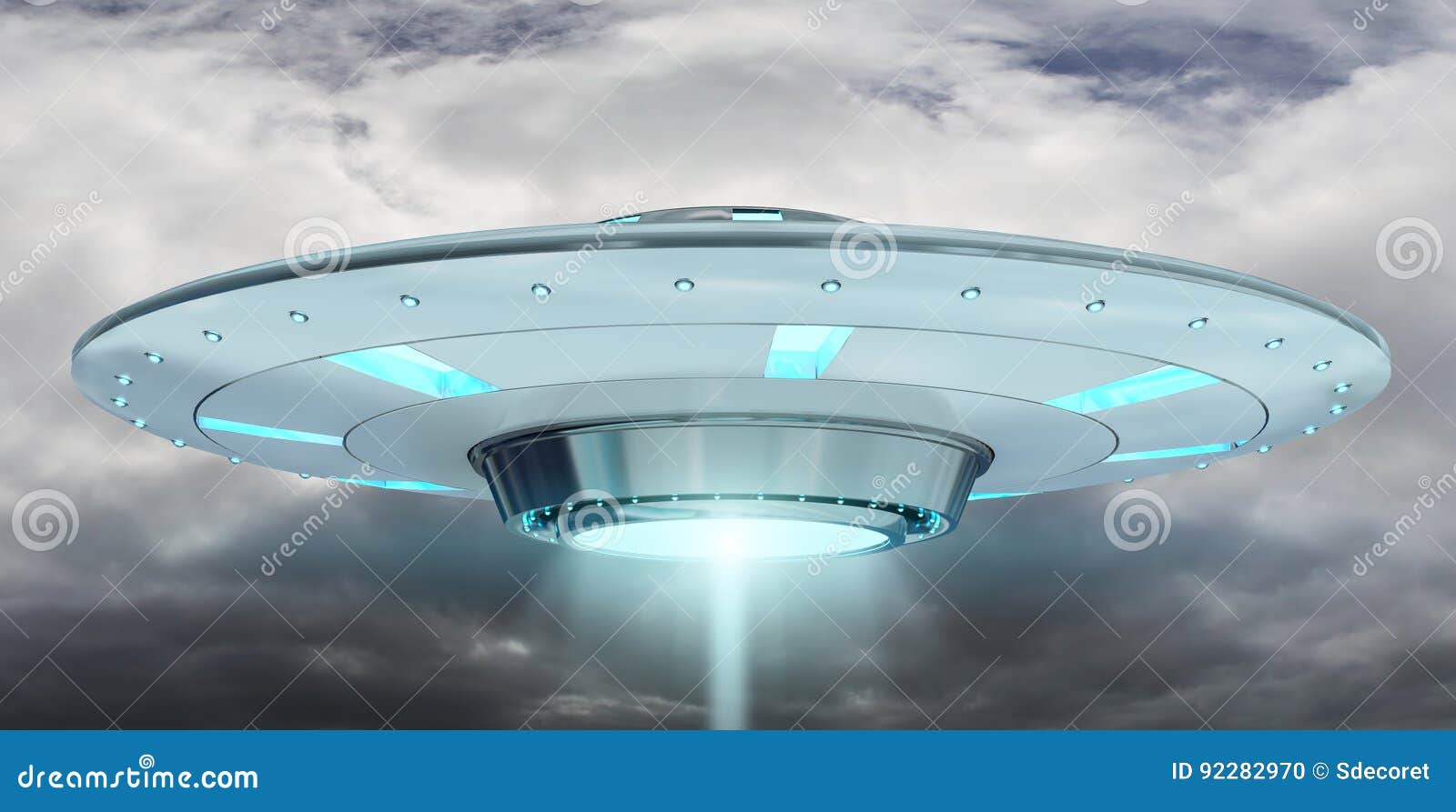 Vintage UFO Flying on Cloudy Sky 3D Rendering Stock Illustration ...