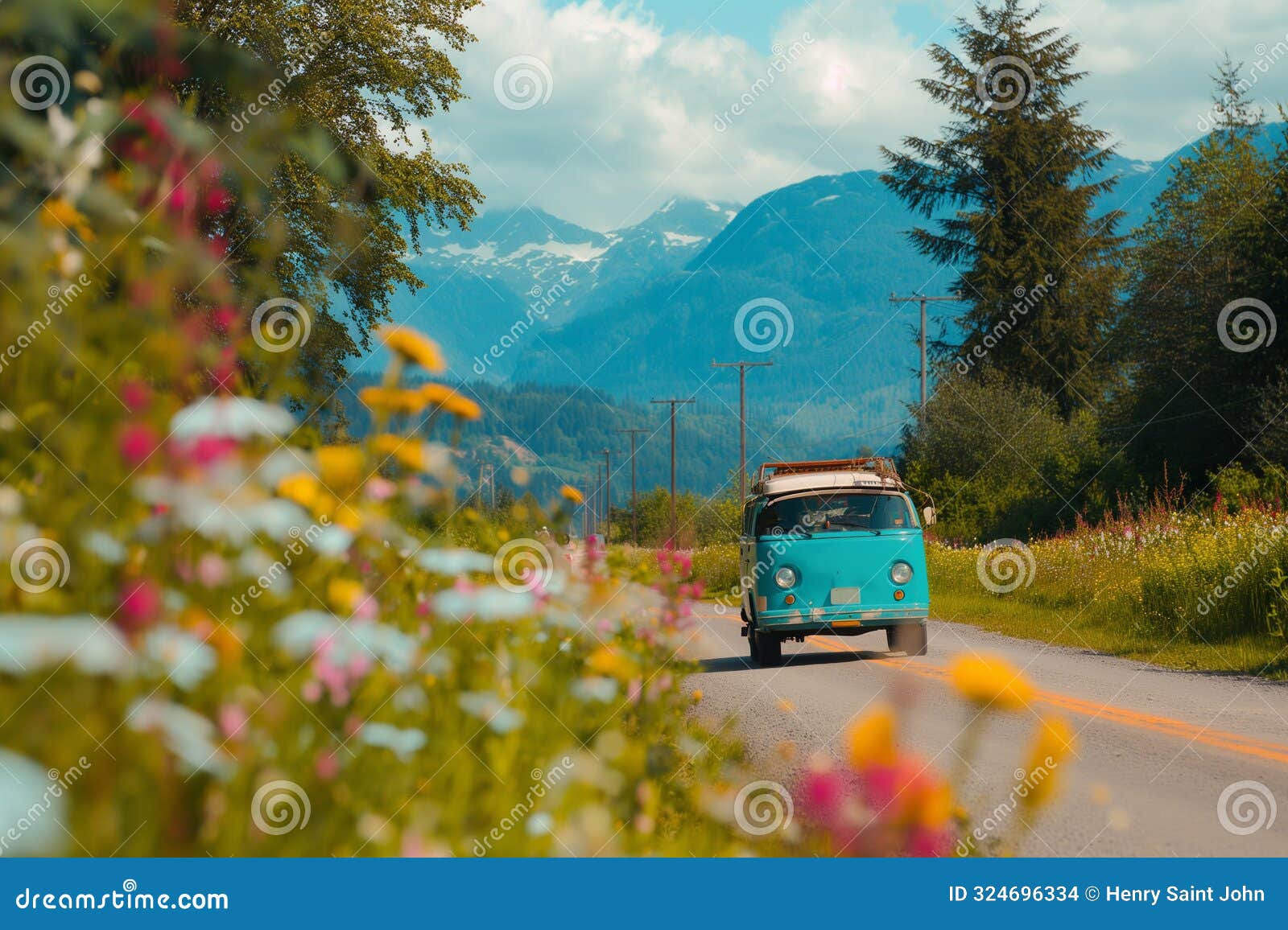 IA Generative Vintage Van Driving through Scenic Countryside Stock ...