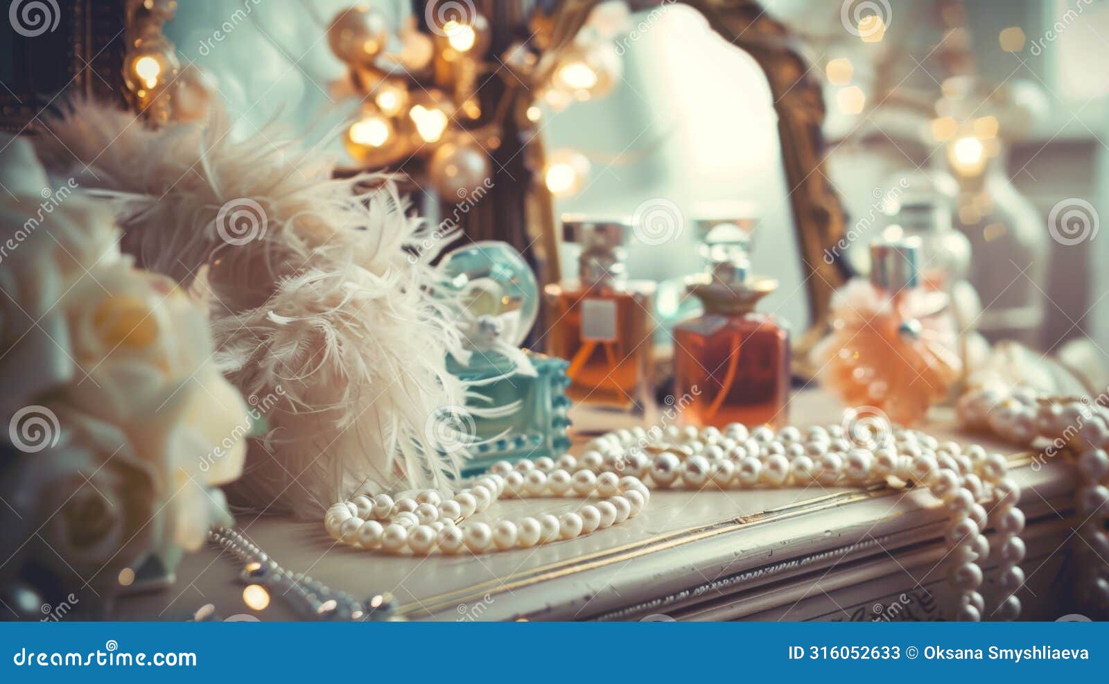Vintage Vanity Table with Perfume Bottles and Luxurious Accessories ...