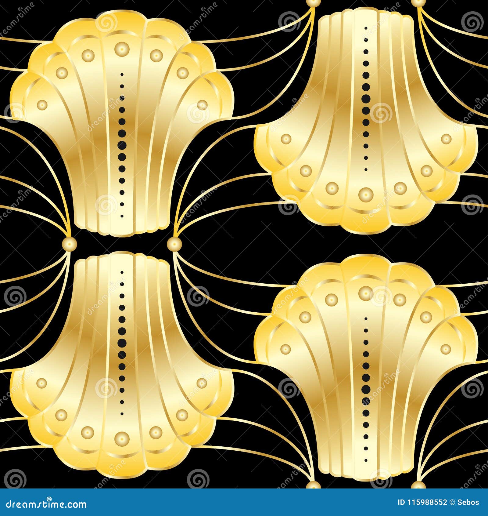Vintage Vector Seamless Shell Gold Art Deco Pattern. Retro Summer ...