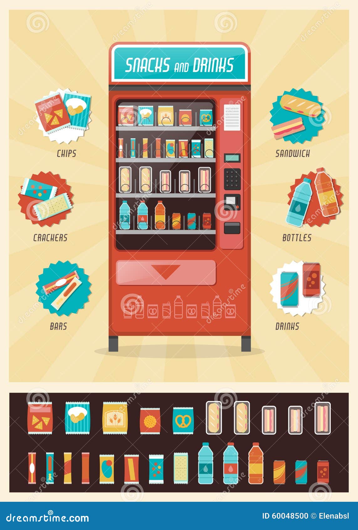 Vending Machine. Snack Crackers Junk Food Soda Drinks Saling In Vending ...