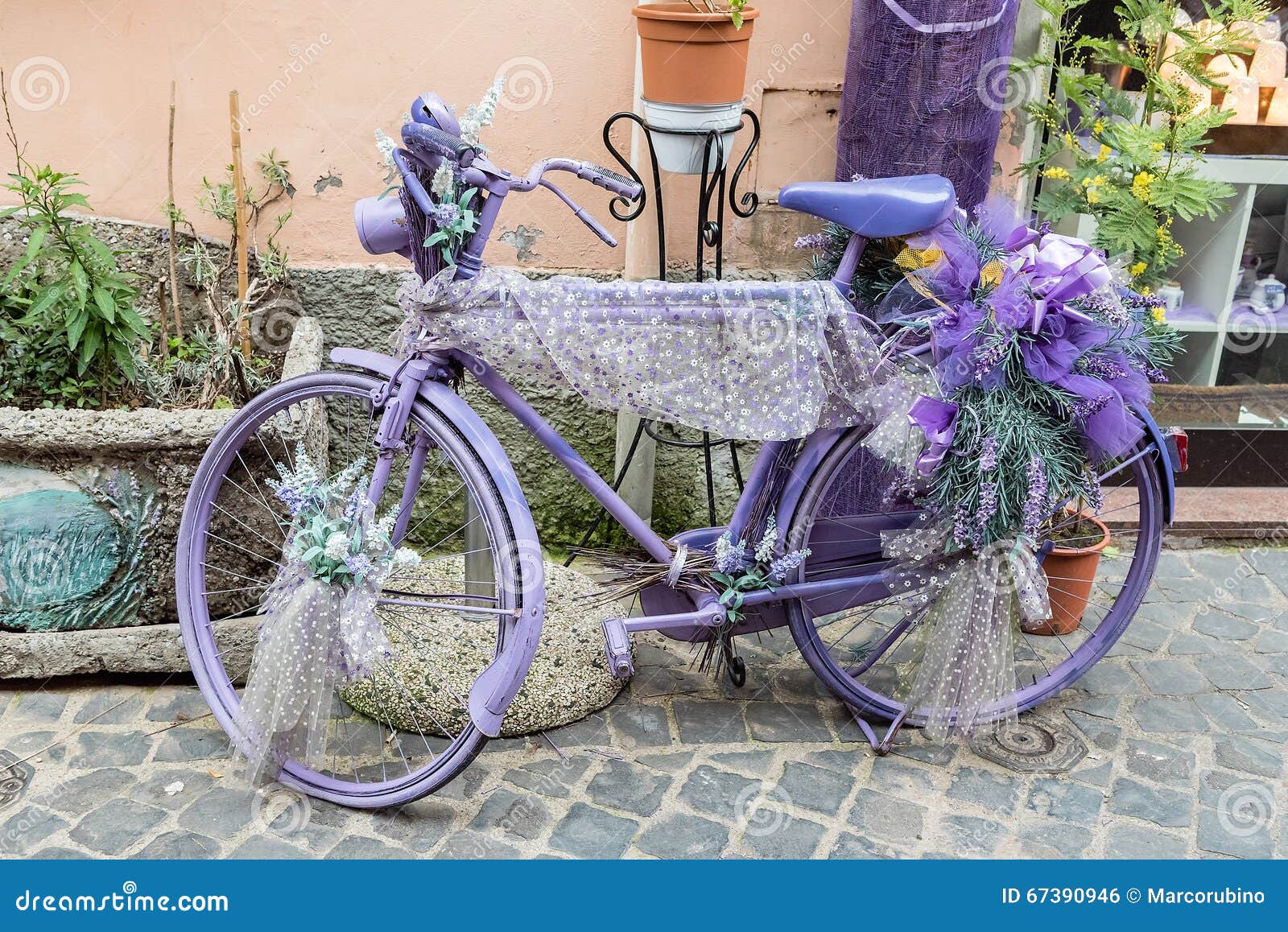 Vintage Violet Bicycle with Flowers and Laces Stock Photo - Image of ...