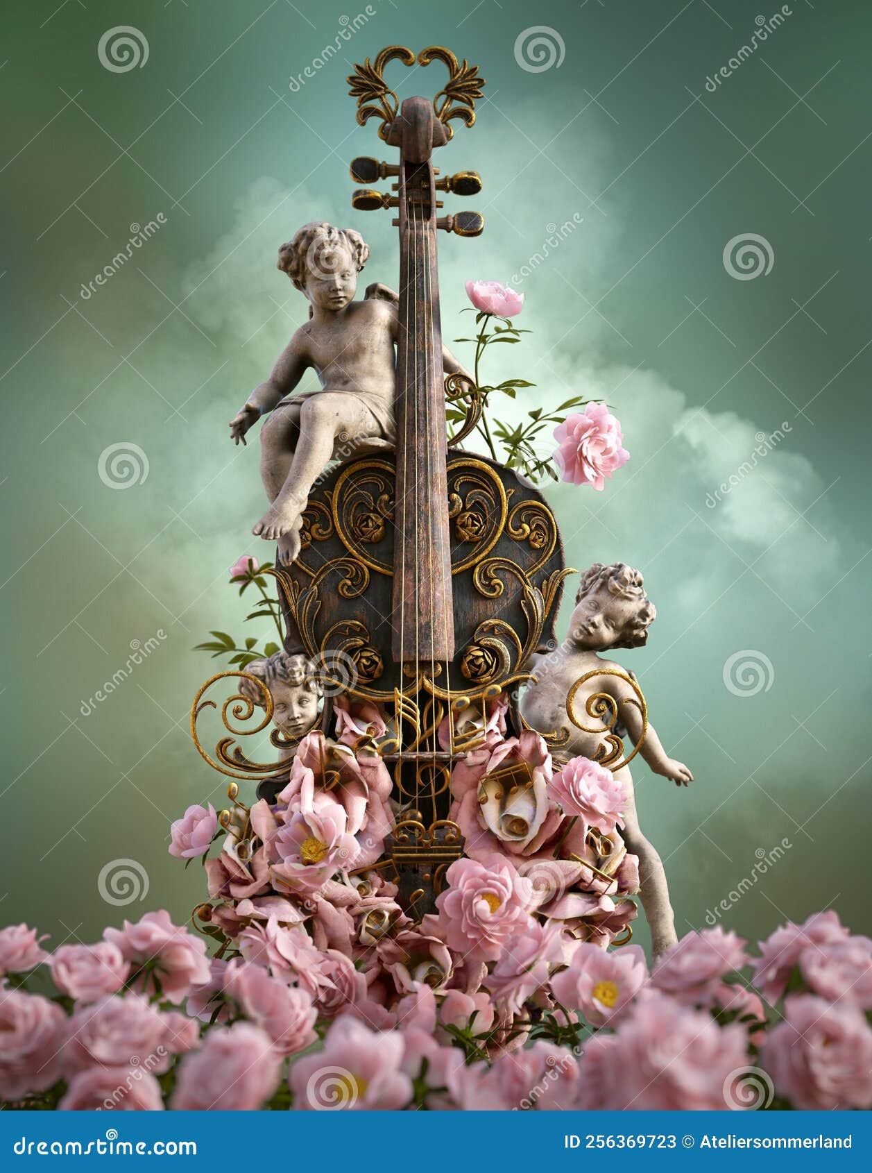 An Ornament With Two Cherubs Vintage Engraving Vector Illustration ...