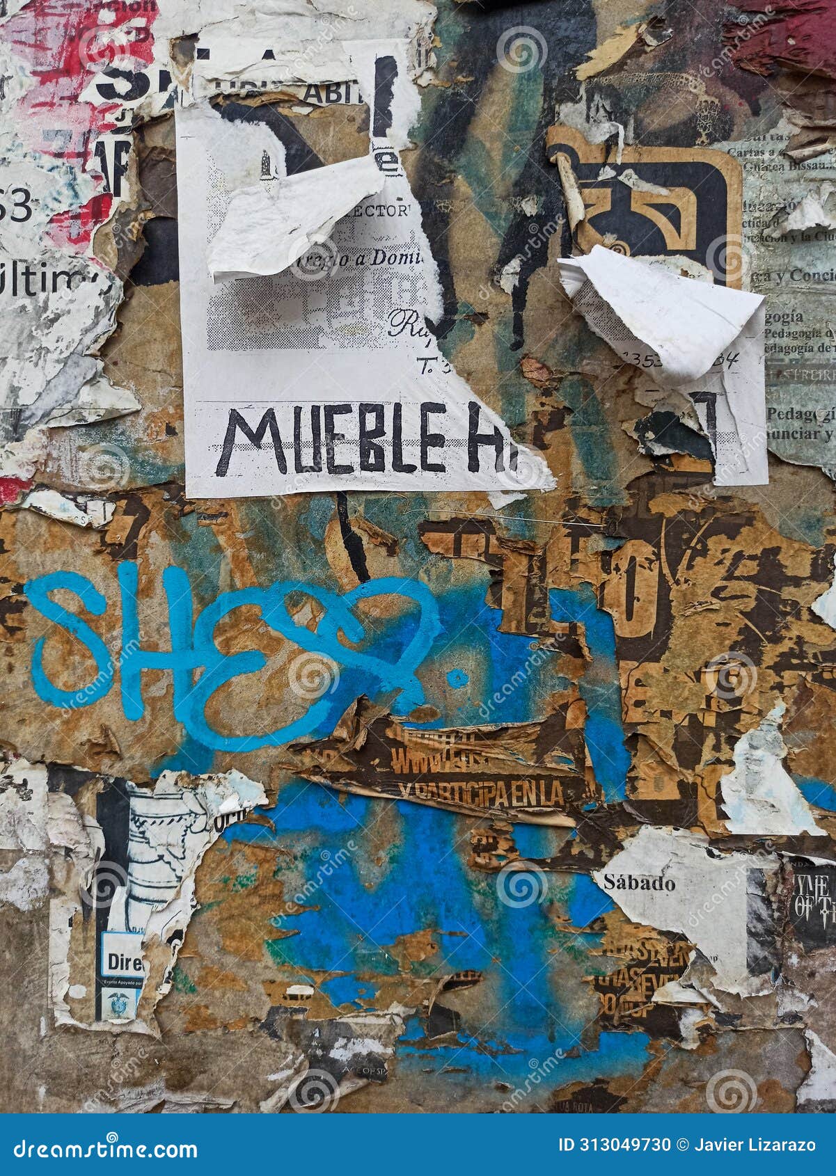 Vintage Wall with Torn Poster, Paper, Ads, Stickers Background Stock ...