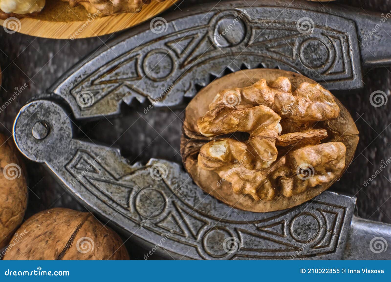 Vintage Walnut Cracker and Walnuts on a Dark Texture Background Stock ...