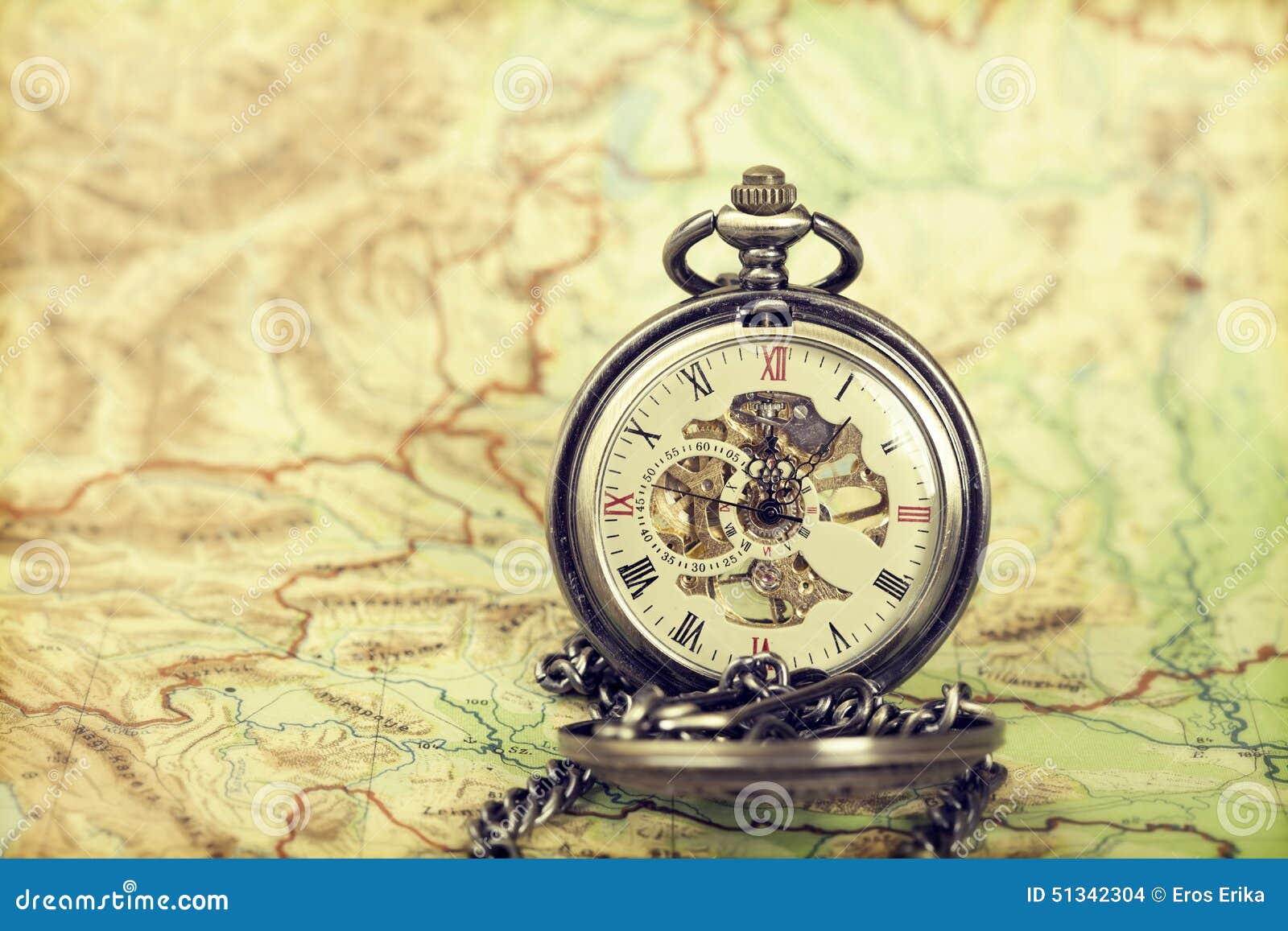 Vintage Watch on Antique Map Stock Photo - Image of conceptual ...