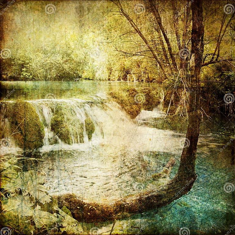Vintage waterfall stock illustration. Illustration of pond - 6746260