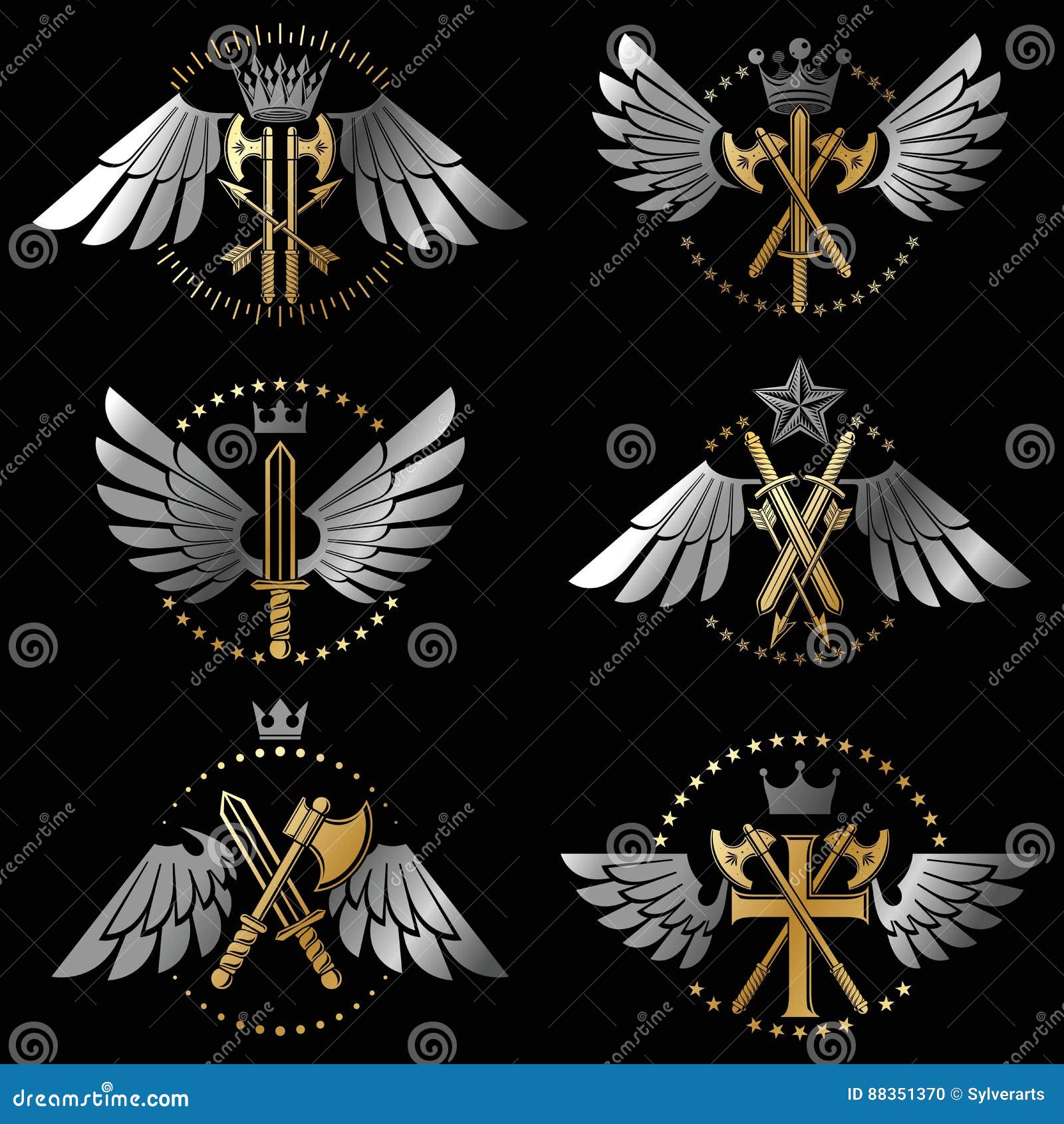 Vintage Weapon Vector Logos Or Emblems, Heraldic Design Elements Big ...