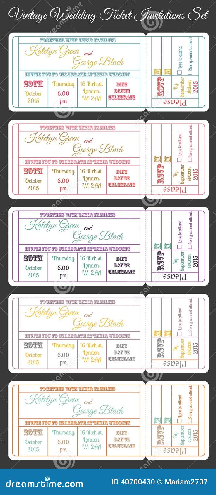 Vintage Wedding Ticket Invitations Set Stock Vector - Illustration of ...