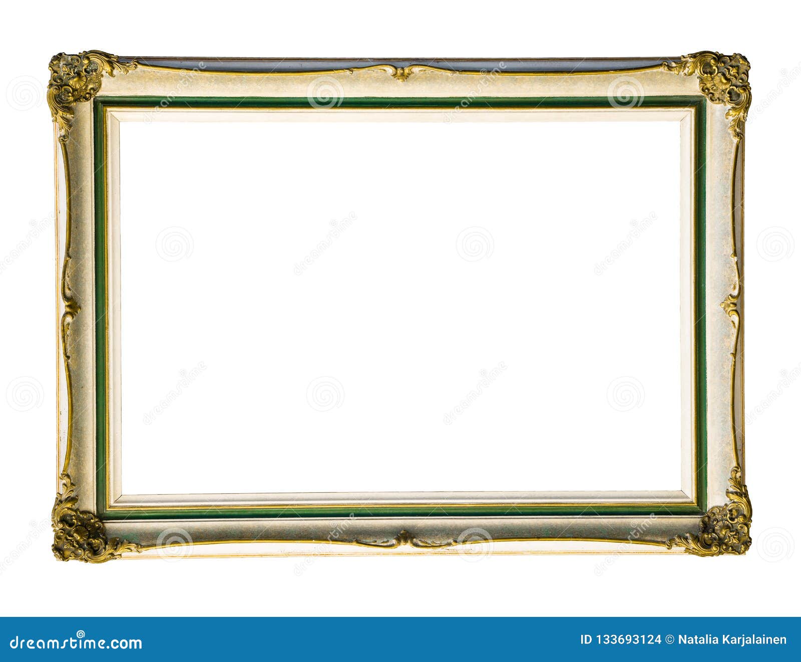 Vintage White Rectangular Frame with an Gold Ornament Isolated on White ...