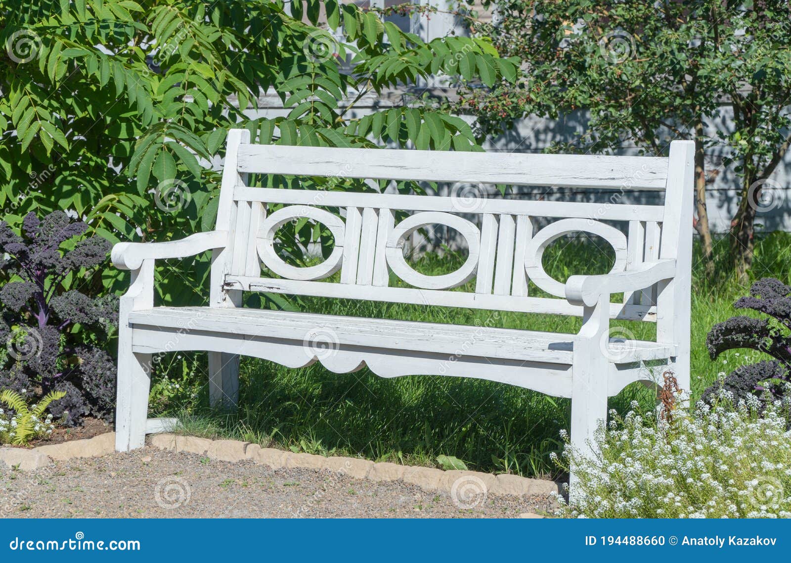 Vintage White Wood Bench in the Garden Stock Photo - Image of ...
