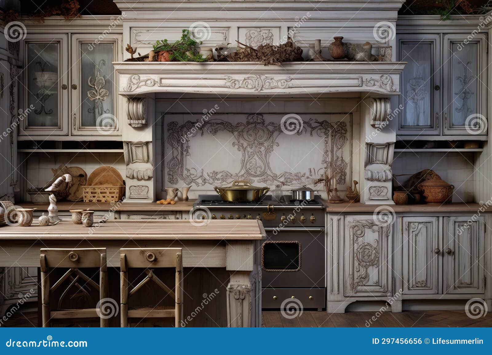 Vintage White Wood Kitchen Charm Stock Photo - Image of design ...