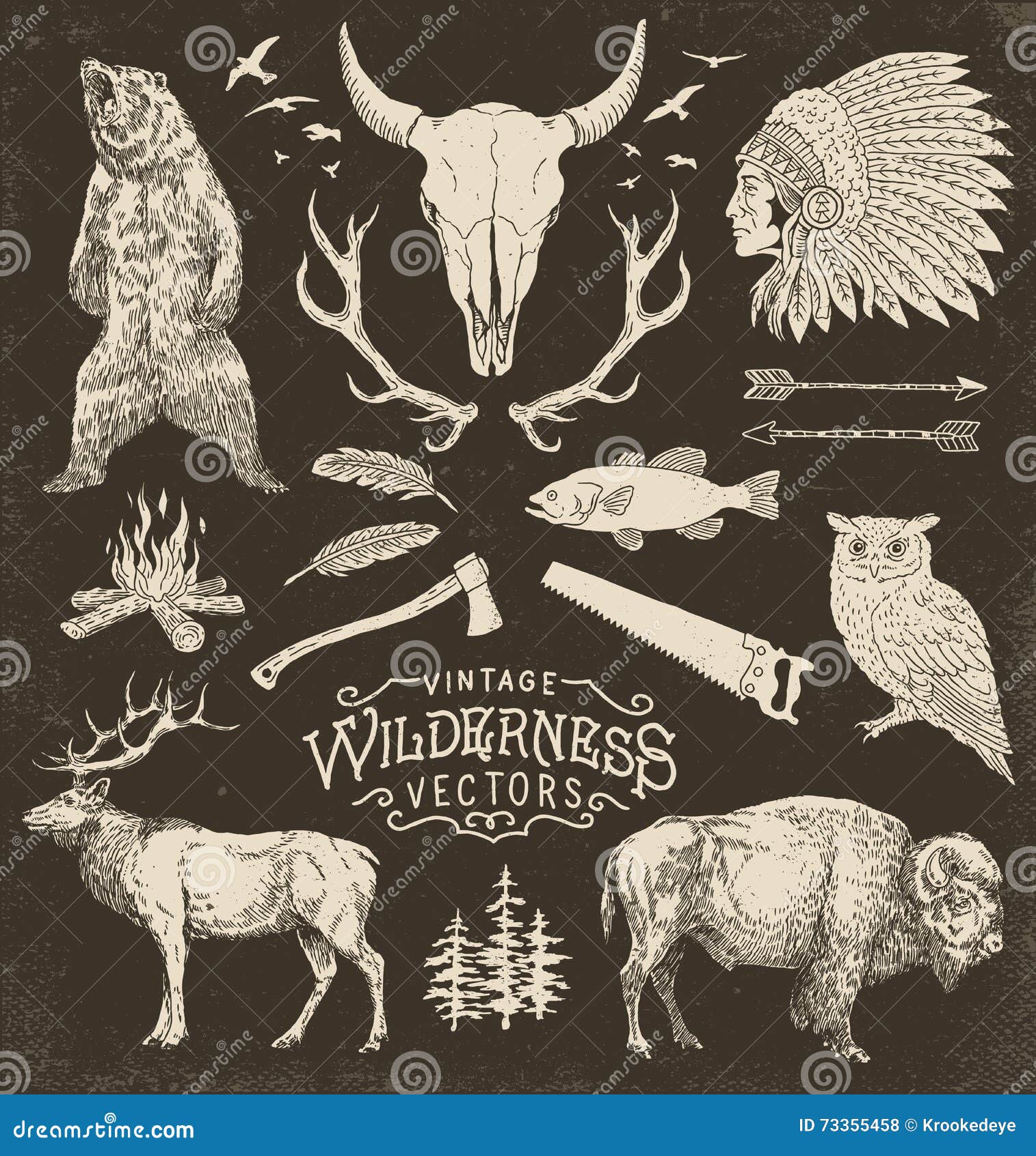 Vintage Wilderness Vector Illustration Set Stock Vector - Illustration ...