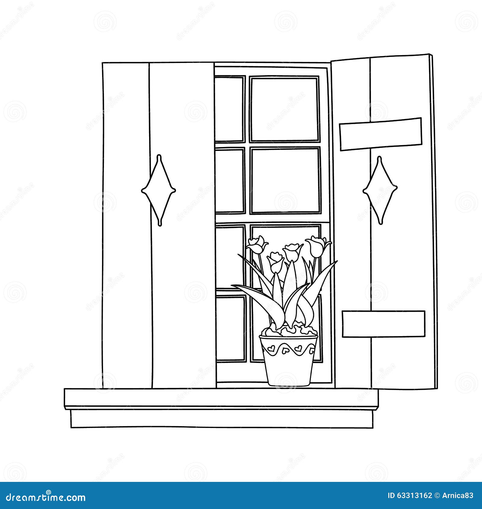 Vintage Window with Blooming Flowers in Pot Stock Vector - Illustration ...