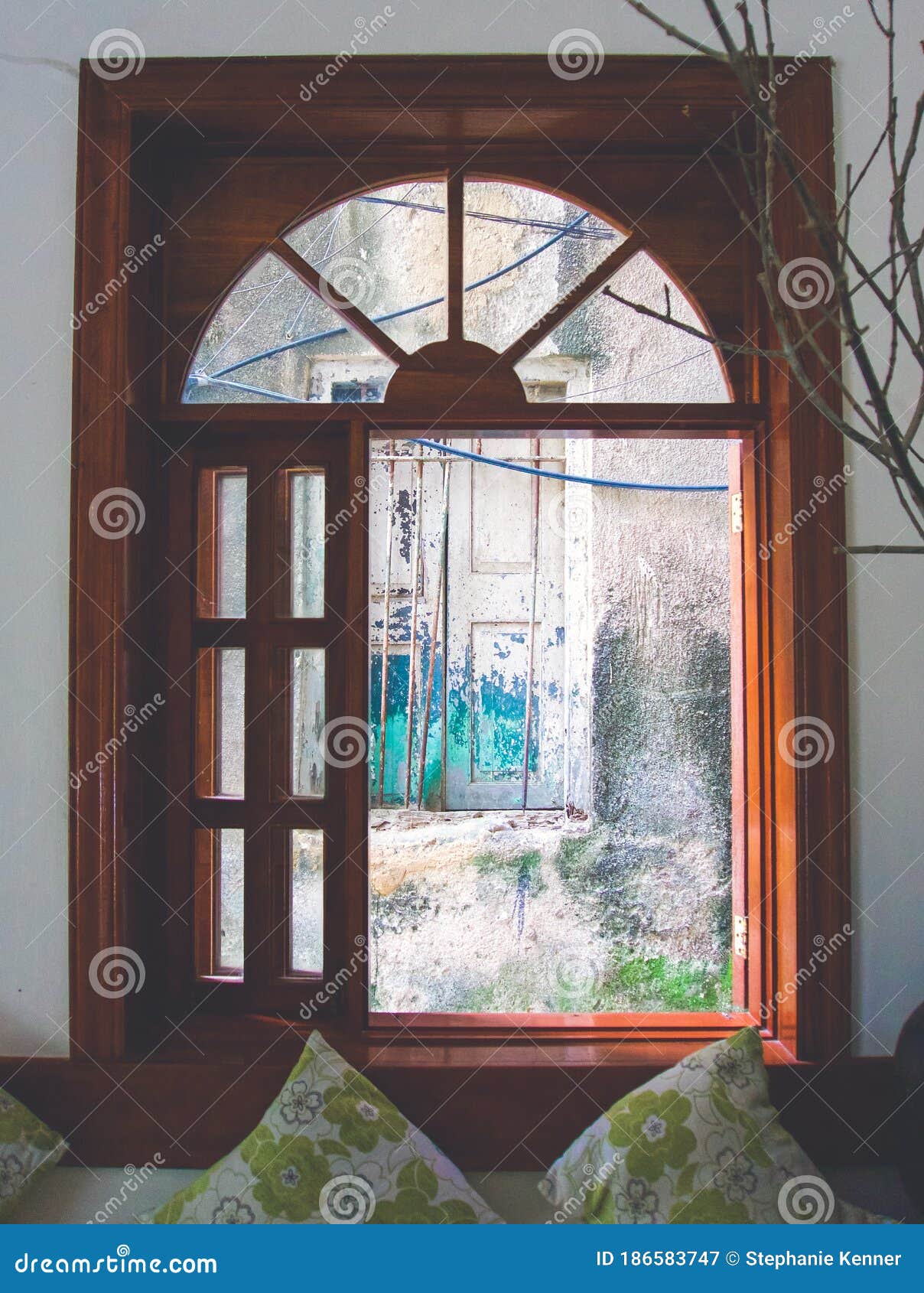 Vintage Window Shades through an Open Window Stock Image - Image of ...