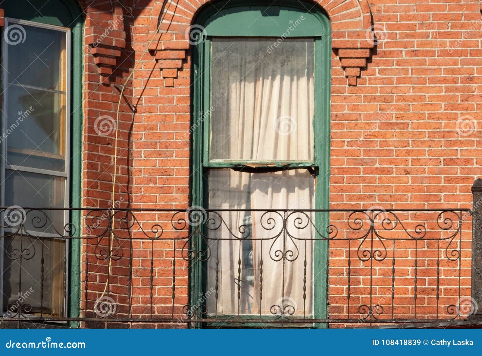 Vintage Windows on Old Brick Building Stock Image - Image of railing ...