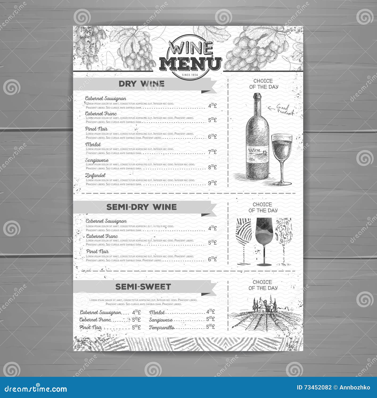 Vintage wine menu design. stock vector. Illustration of template - 73452082