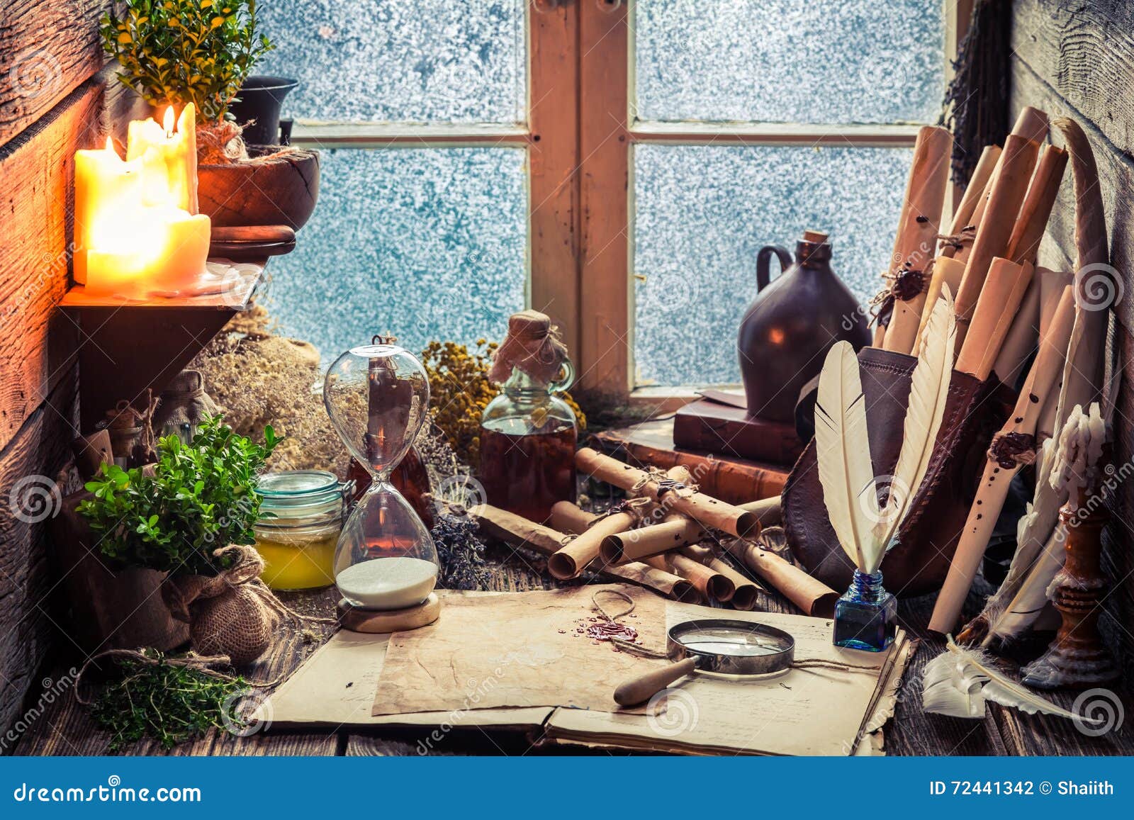 Vintage Witch Workshop with Scrolls and Ingredients Stock Photo - Image ...