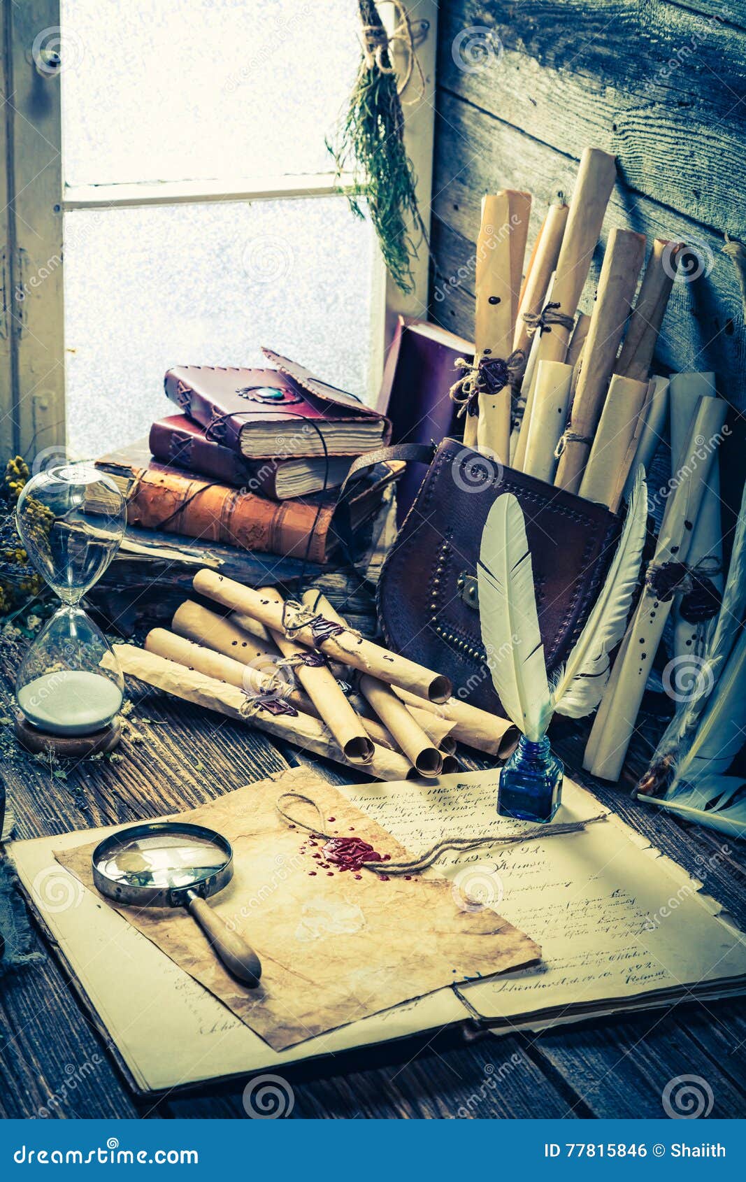 Vintage Witch Workshop with Scrolls and Ingredients Stock Photo - Image ...