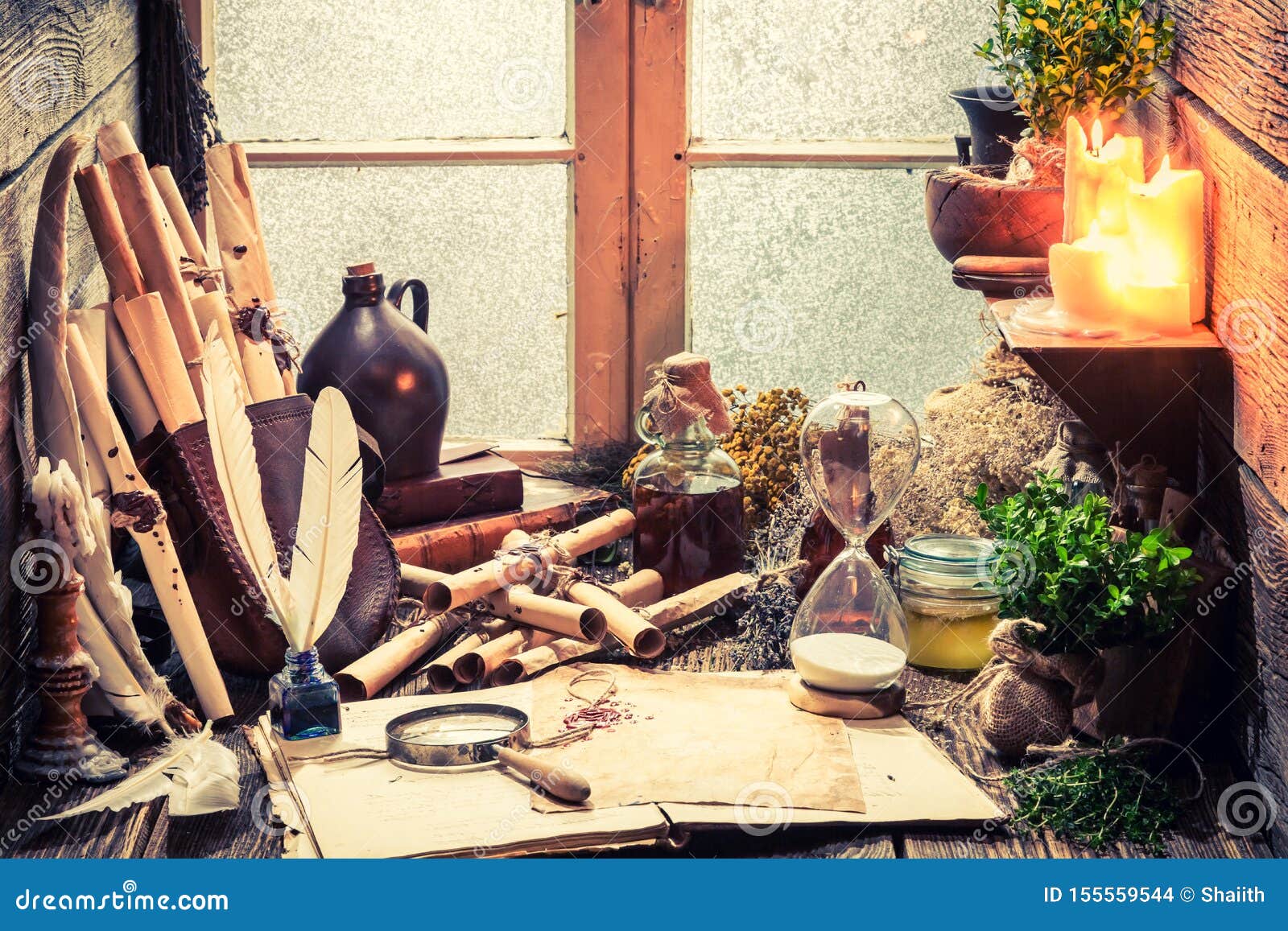 Vintage Witch Workshop with Scrolls and Plants Stock Photo - Image of ...