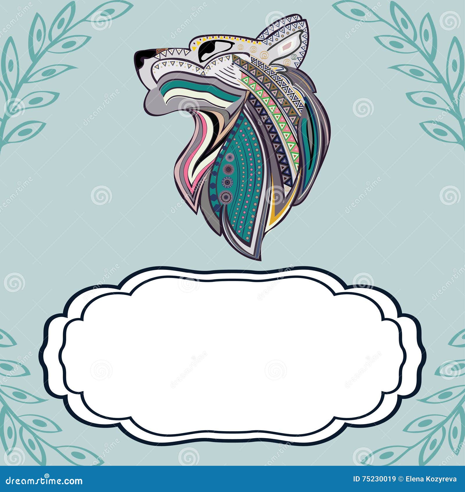 Vintage Wolf Head Ethnic Color Pattern Hand Draw Place Labels. Cartoon ...