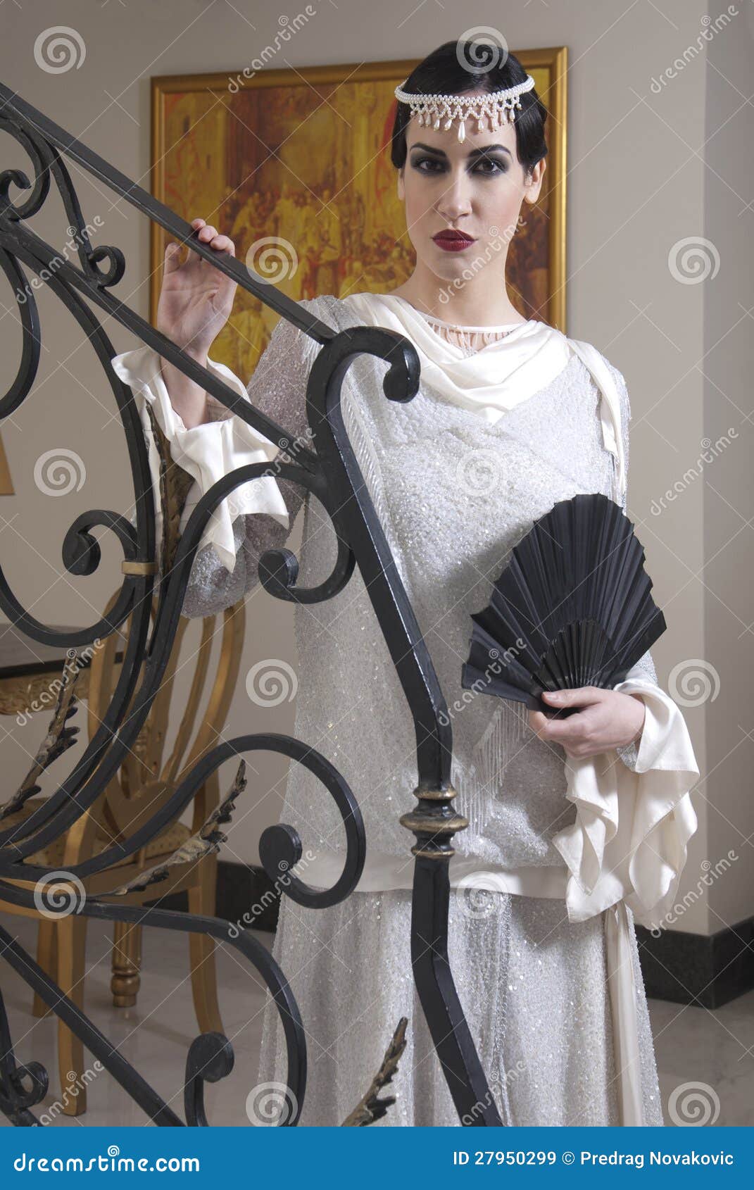 Vintage Woman Looking Over Railing of Staircase Stock Image - Image of ...
