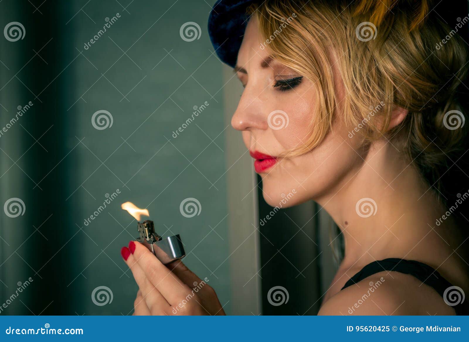 Vintage Woman Portrait with the Lighter Stock Image - Image of hand ...