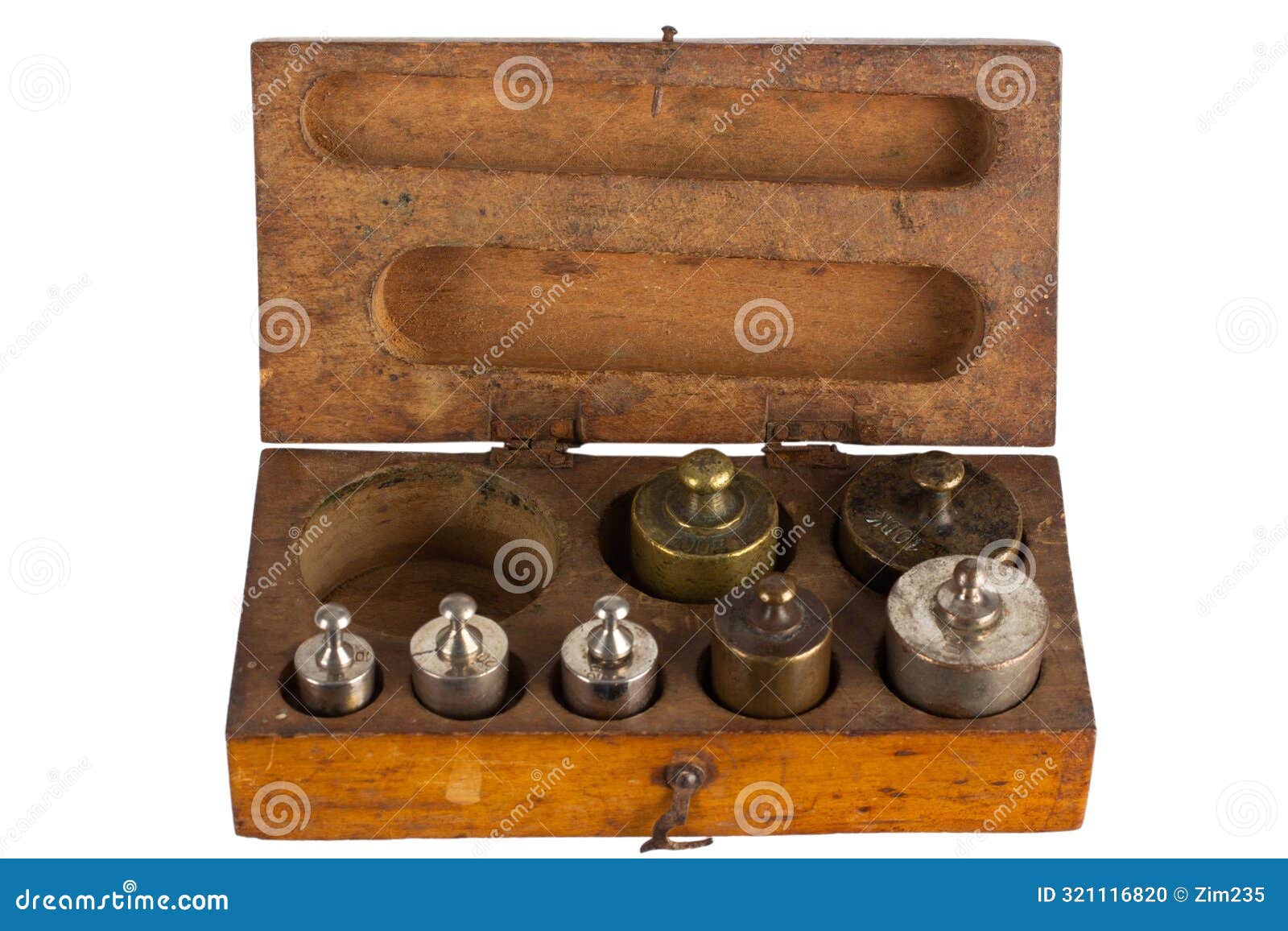 Vintage Wooden Box with Scale Weights Set on White Stock Photo - Image ...