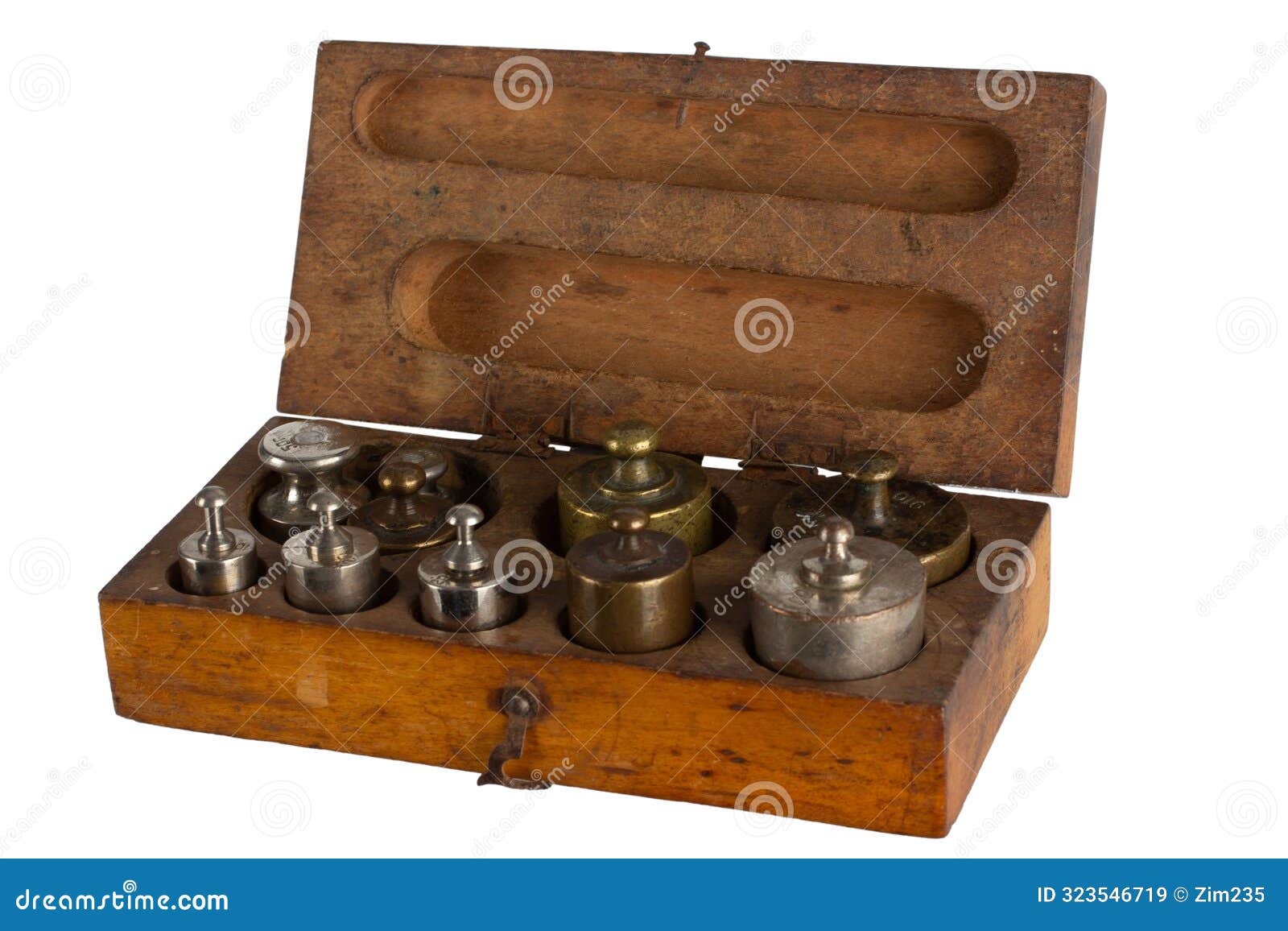 Vintage Wooden Box with Scale Weights Set on White Stock Image - Image ...