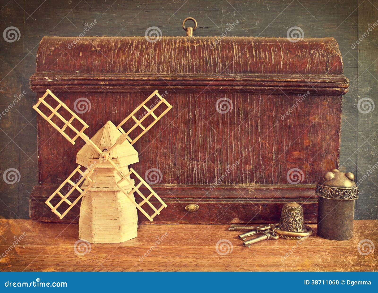 Vintage Wooden Boxes and Model Windmill. Stock Photo - Image of grungy ...