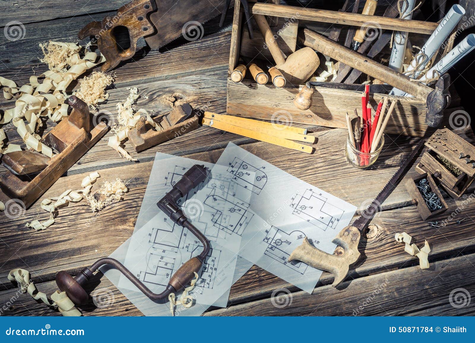 Vintage Wooden Carpenter Drawing Desk Stock Photo - Image of ...