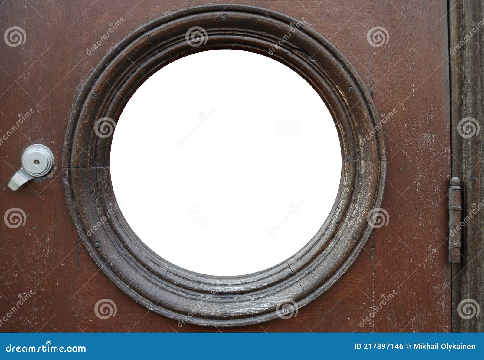 Vintage Wooden Door with Round Window, Door Hinge and Lock Stock Photo ...