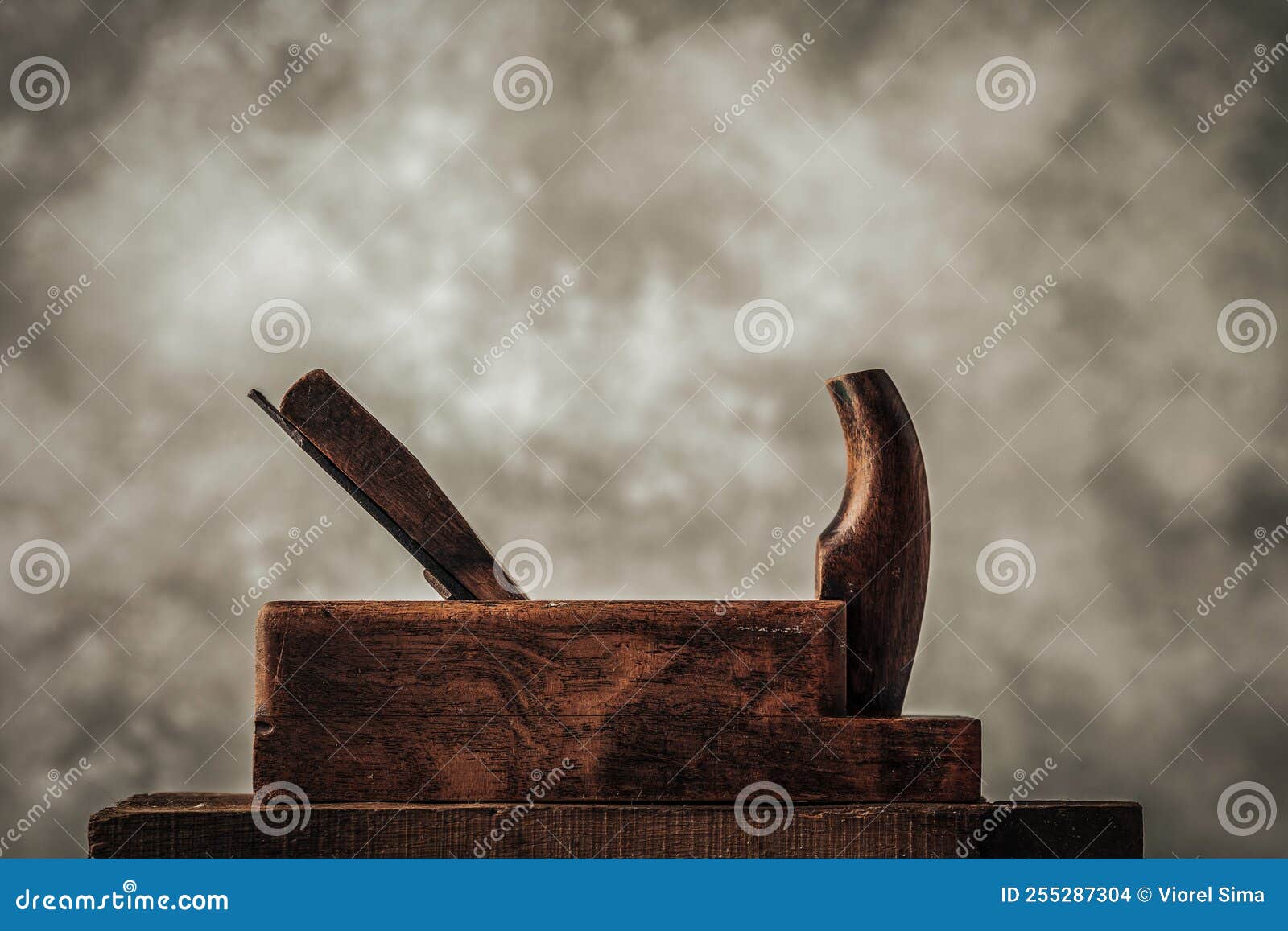 Vintage Wooden Planer on Top of Old Rustic Wooden Workbench Stock Photo ...