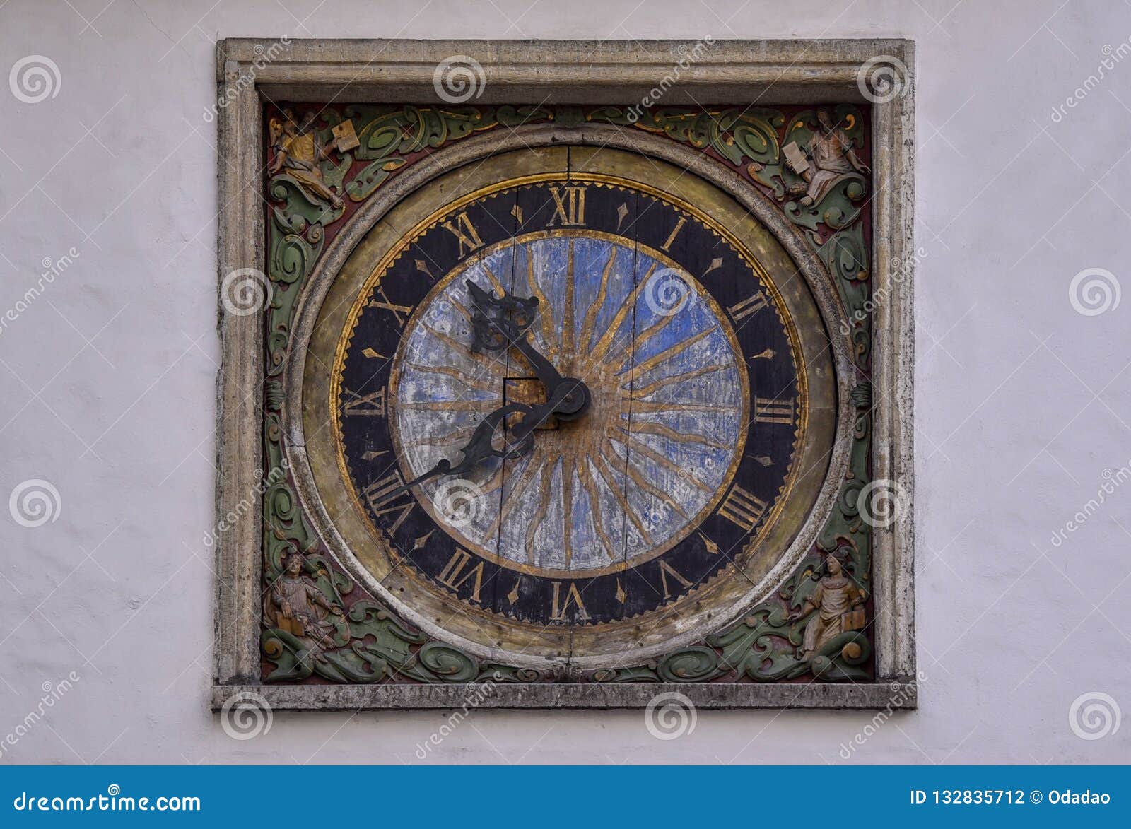 Vintage Wooden Square Clock on White Wall Stock Photo - Image of ...