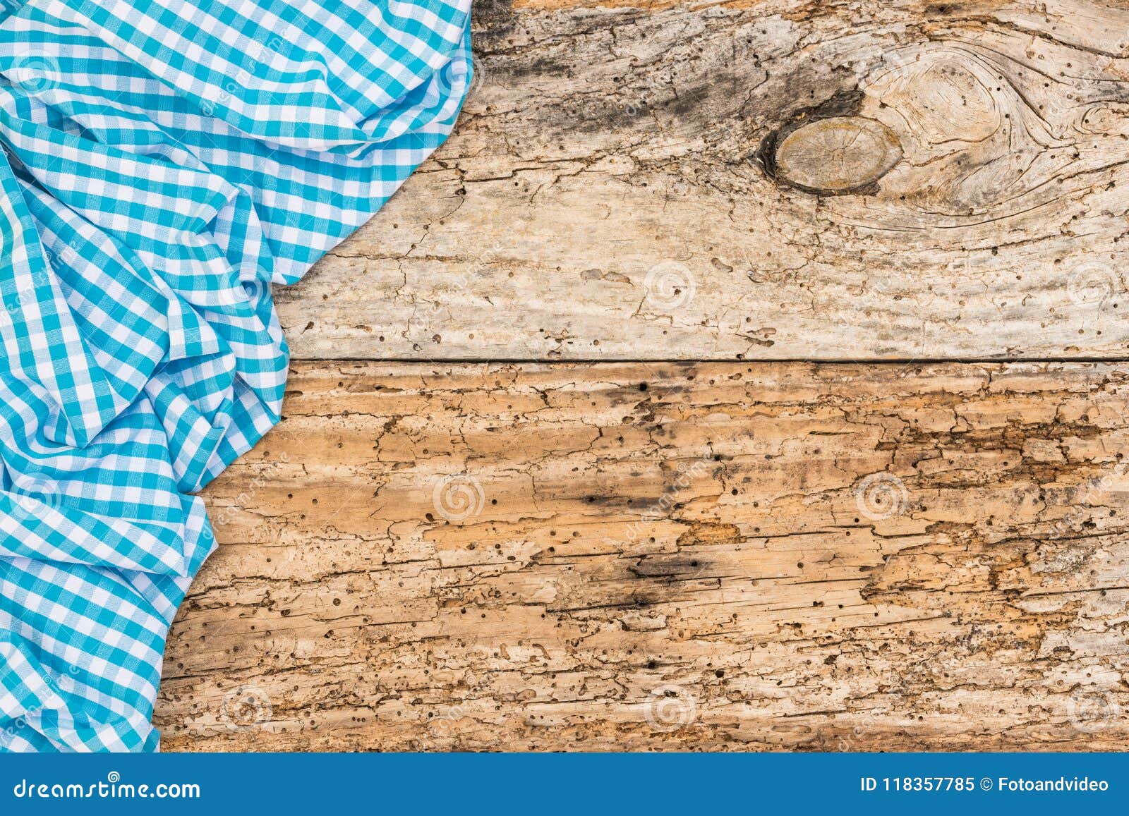 Blue Checked Tablecloth on Rustic Old Wooden Table Background with Copy ...