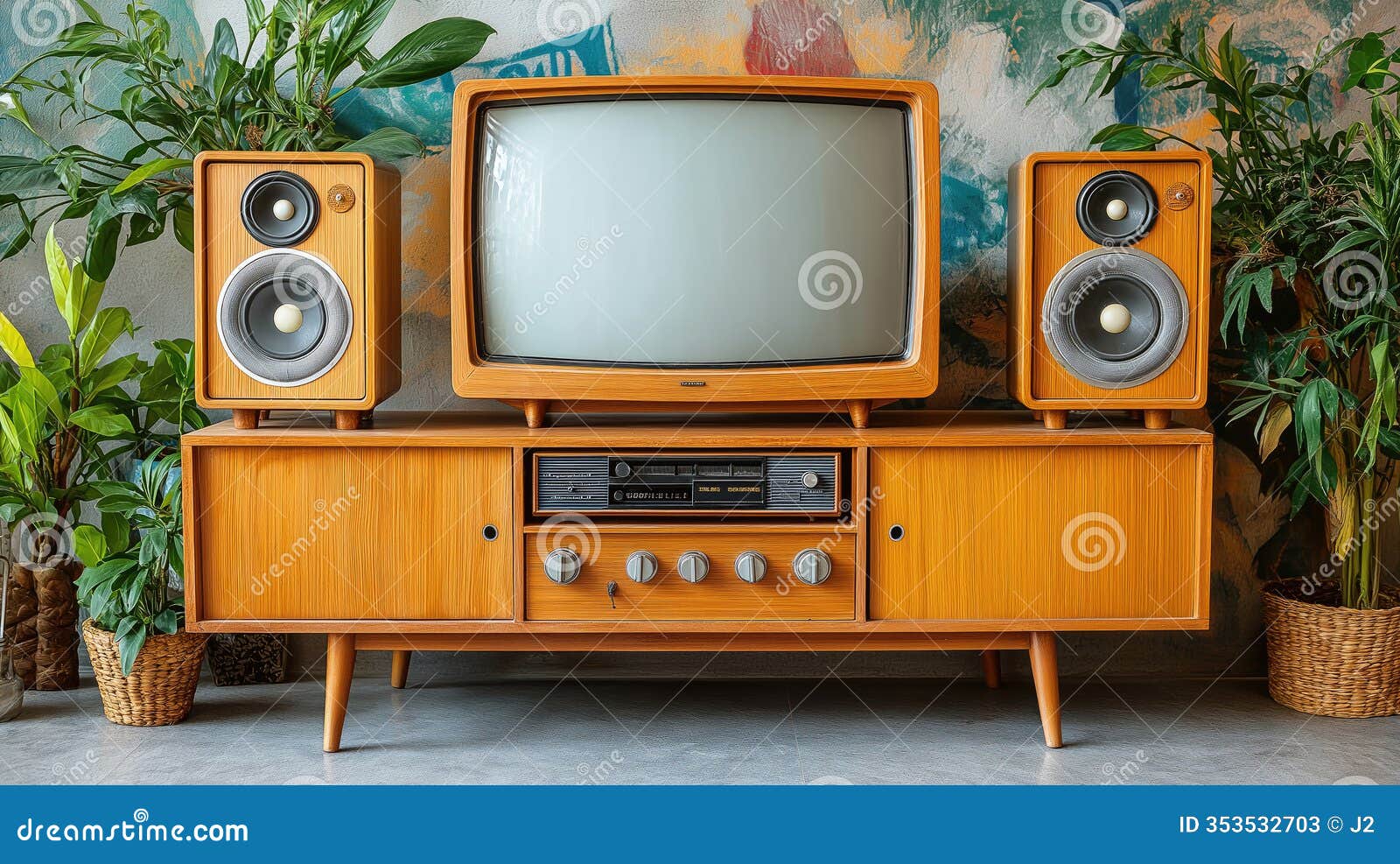 Vintage Wooden Television Console with Speakers and Greenery Stock ...