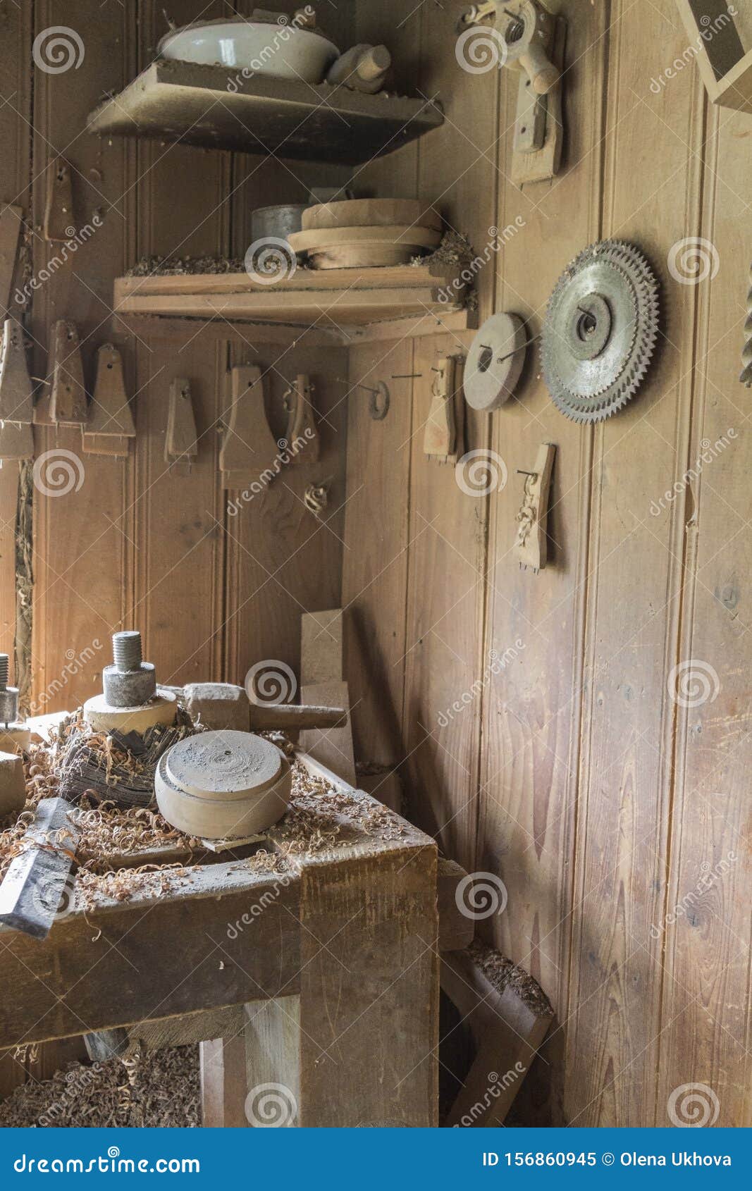 Vintage Woodworking Tools on a Workbench and on the Wall, Dust and ...