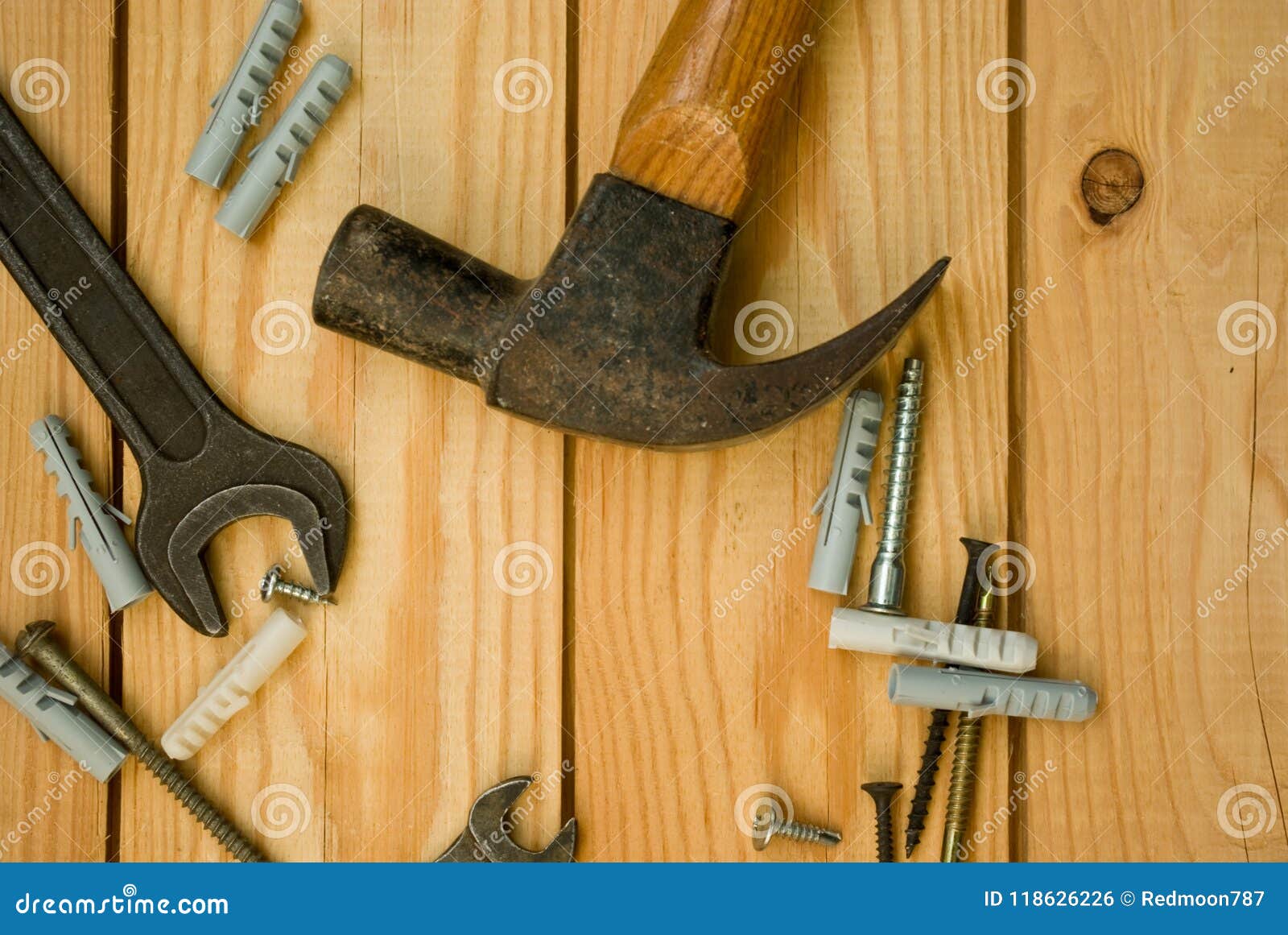 Vintage Working Tools for Handyman on a Wooden Background Flat Stock ...