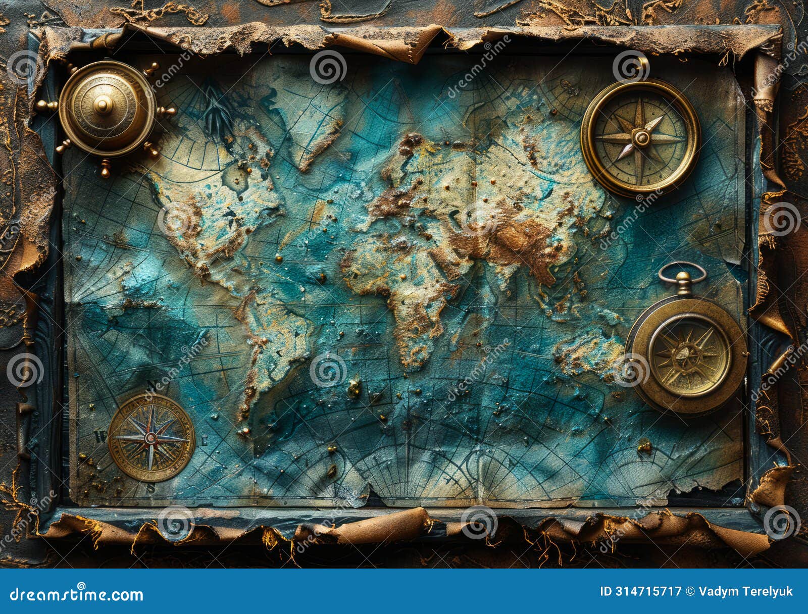 Vintage World Map and Compass on Dark Background Stock Image - Image of ...