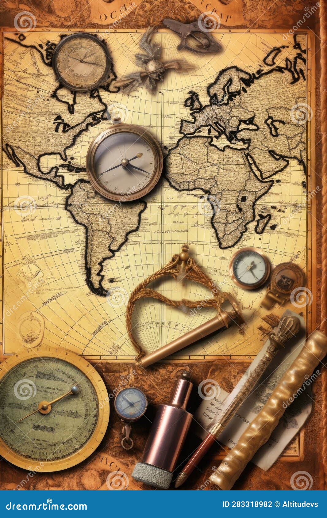 Vintage World Map with Compass and Magnifying Glass Stock Illustration ...