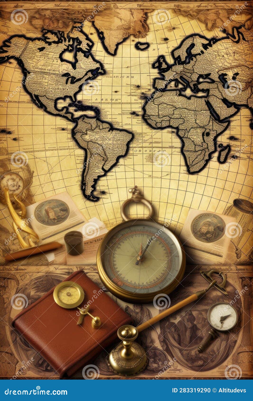 Vintage World Map with Compass and Magnifying Glass Stock Illustration ...