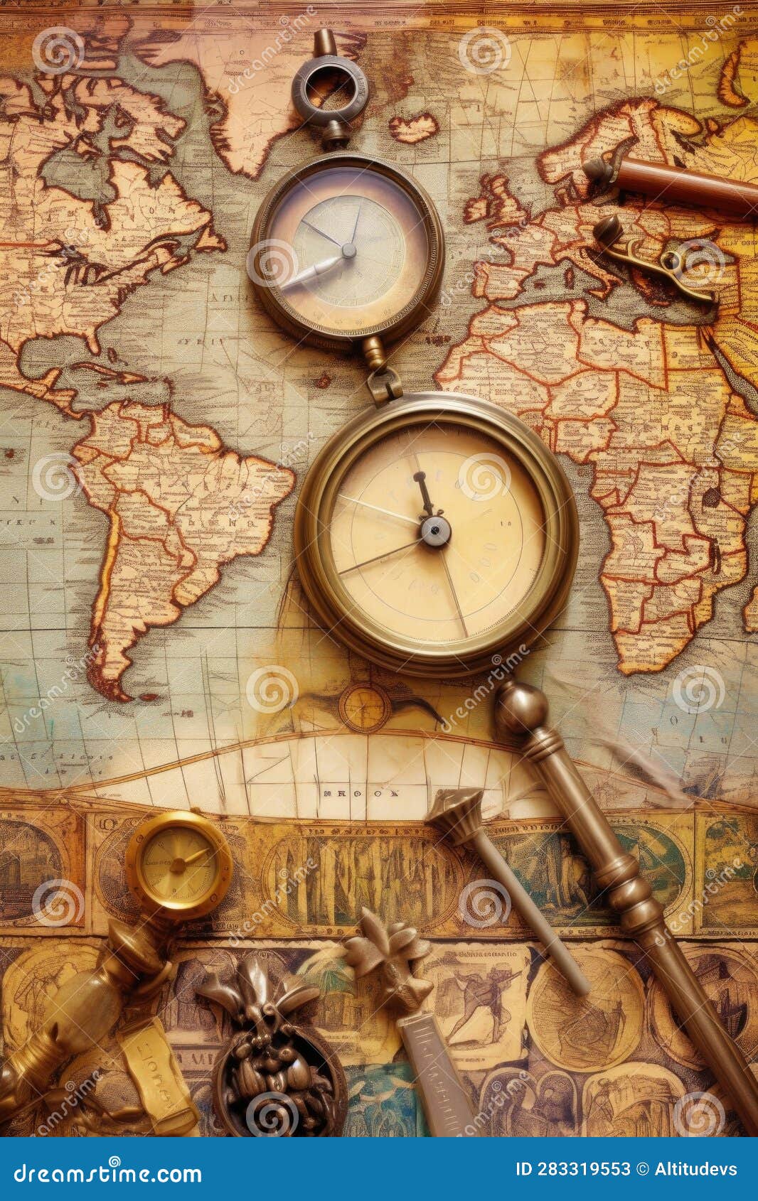 Vintage World Map with Compass and Magnifying Glass Stock Illustration ...