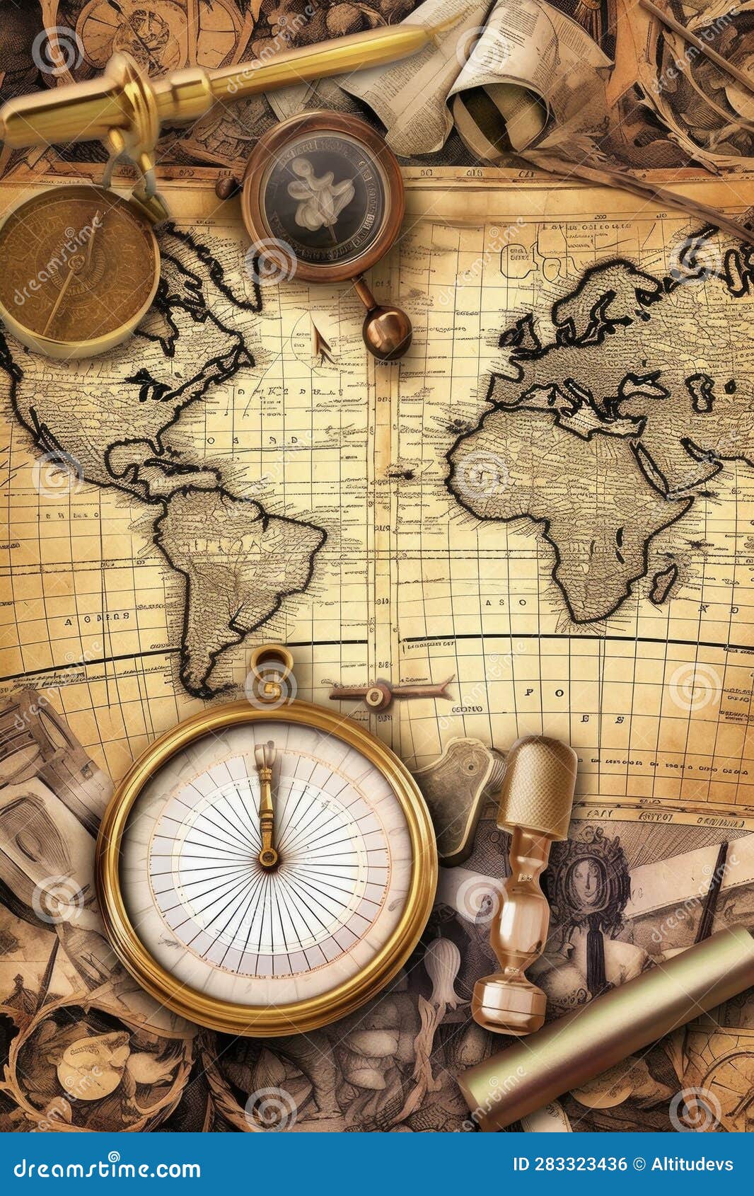 Vintage World Map with Compass and Magnifying Glass Stock Illustration ...
