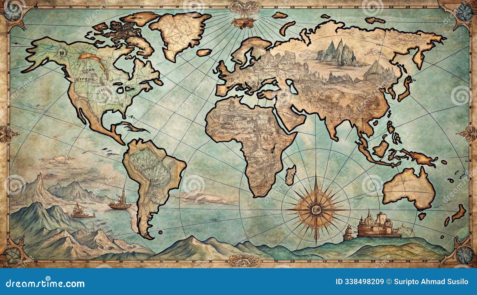 Vintage World Map with Compass, Ships, and Mountains Stock Illustration ...