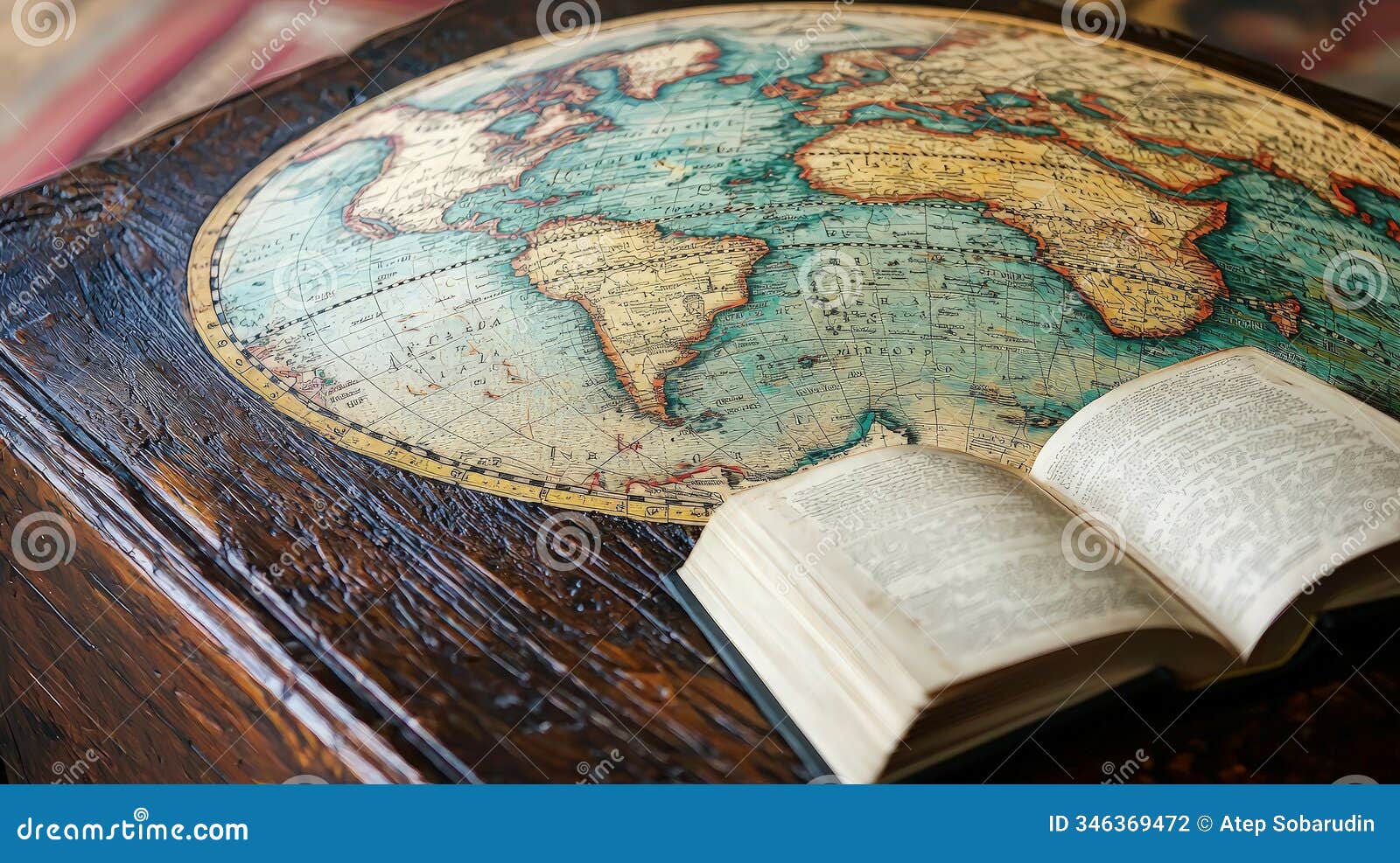 Vintage World Map Inlaid Coffee Table with Open Book Stock Photo ...