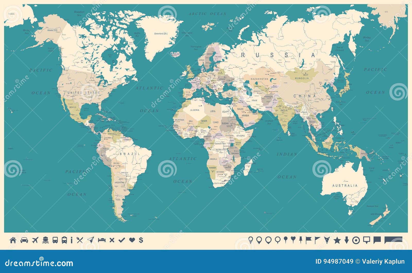 Vintage World Map and Markers - Vector Illustration Stock Illustration ...
