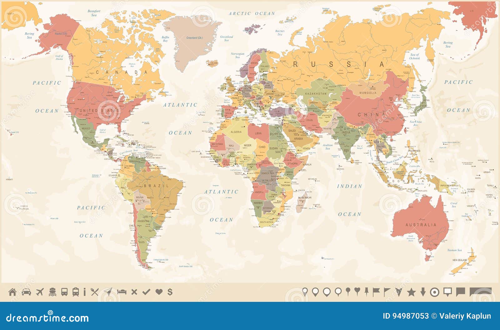 Vintage World Map and Markers - Vector Illustration Stock Illustration ...