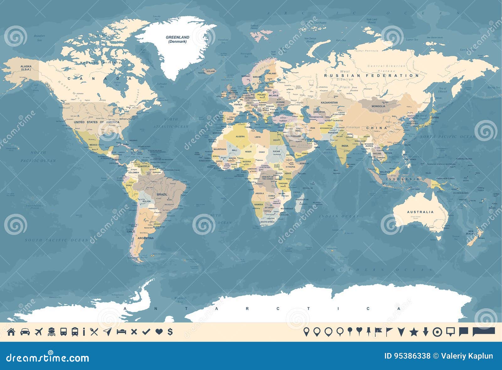 Vintage World Map and Markers - Vector Illustration Stock Illustration ...