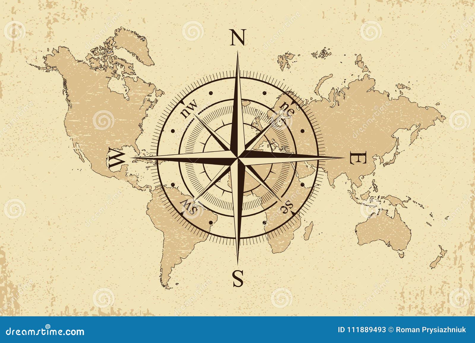 Vintage World Map With Retro Compass Background Old Paper Map And Wind Rose Vector Stock