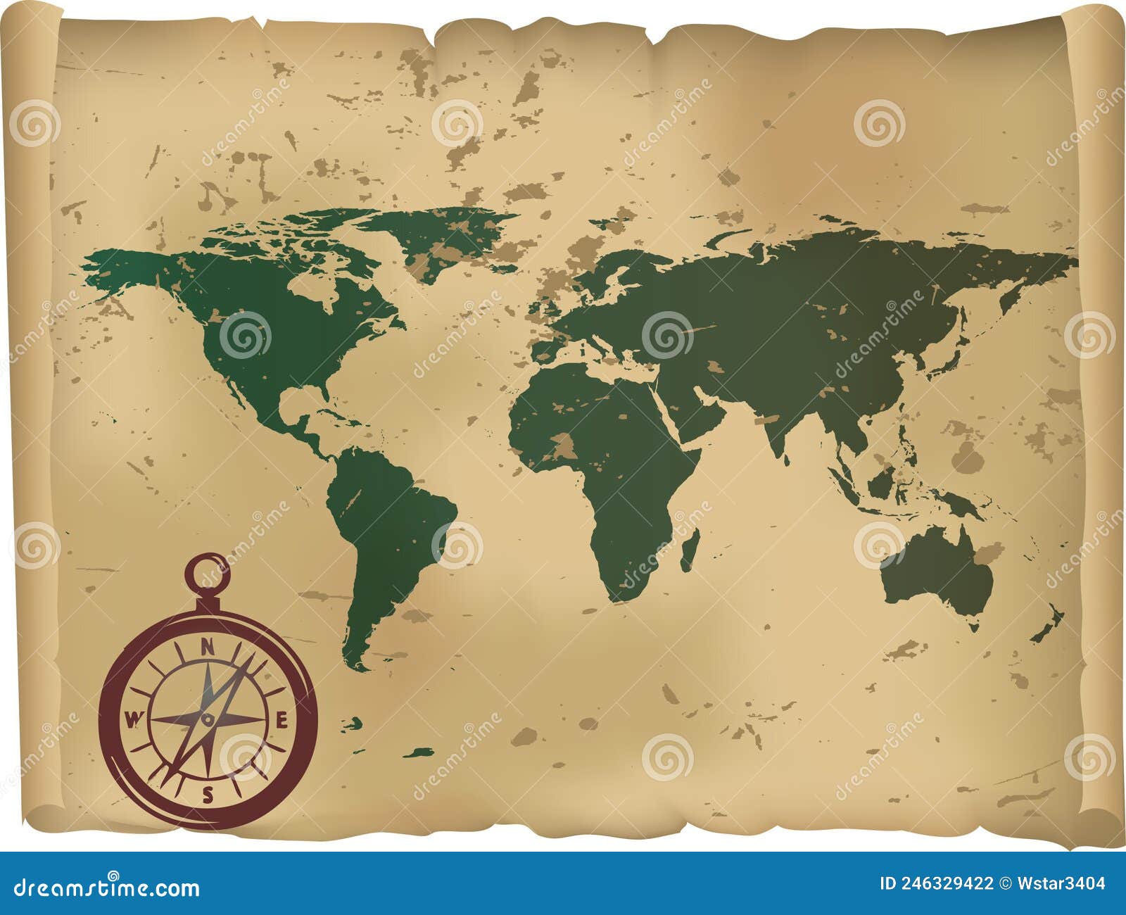 Vintage World Map with Rustic Compass Stock Vector - Illustration of ...